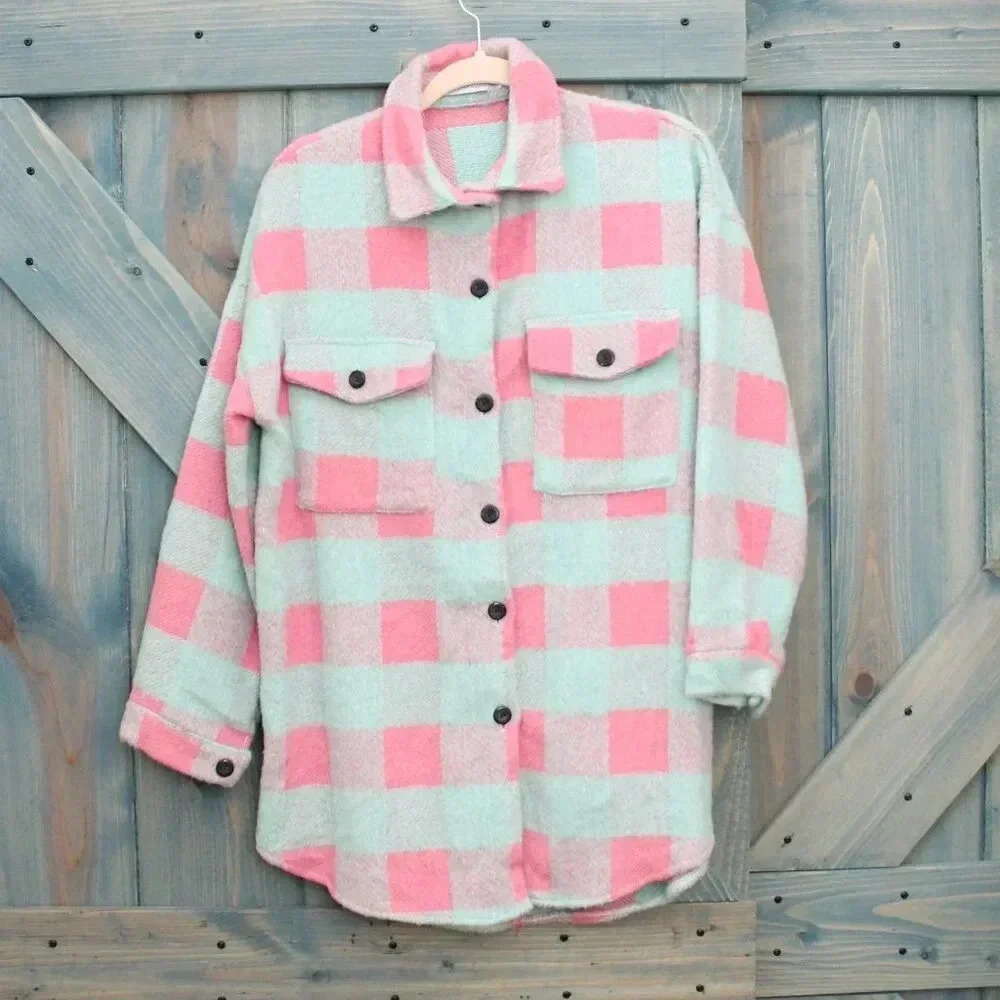 Miss Sparkling Blue And Pink Pastel Shacket Plaid Jac… - Gem